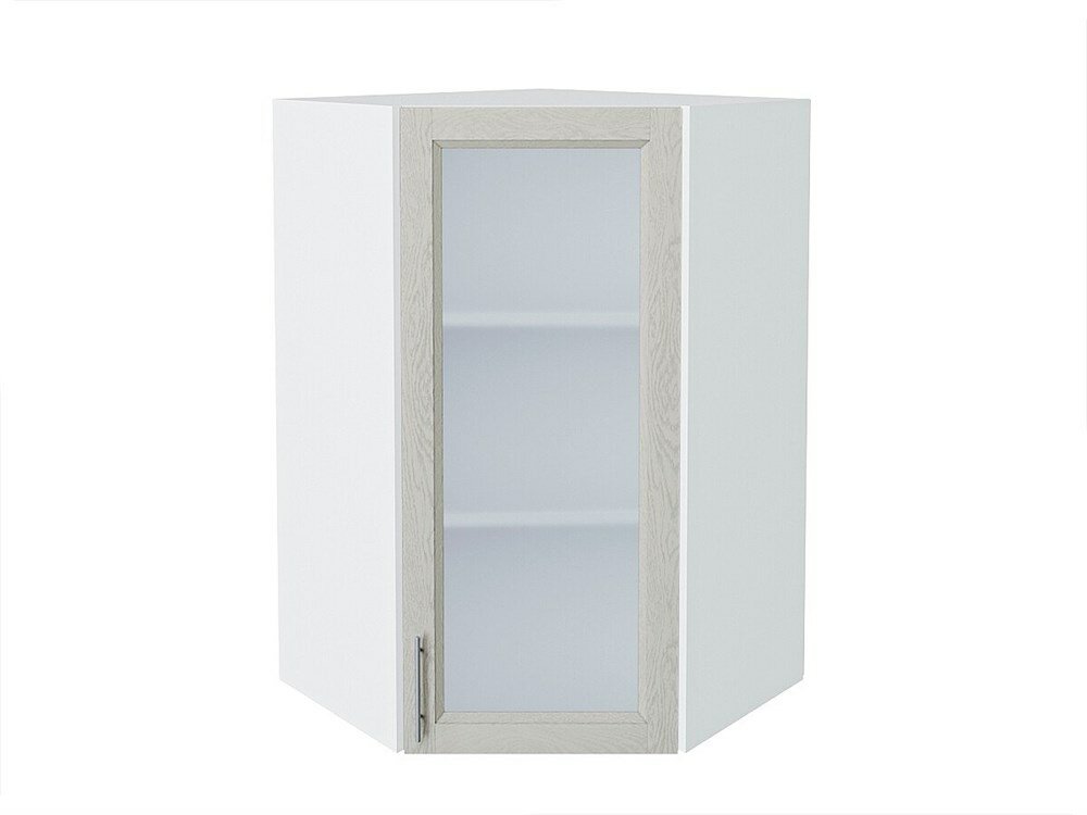 VVT Шкаф верхний угловой остекленный Сканди Белый, Cappuccino Softwood, 920 В*Ш*Г 920*600*600, фасад МДФ/Стекло Cappuccino Softwood, корпус Белый Cappuccino Softwood
