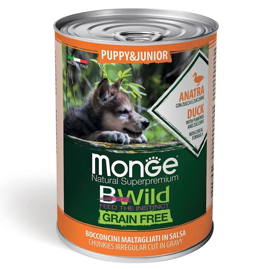 Полнорационный влажный корм для щенков Monge Dog BWild Grain Free Puppy & Junior, с уткой, кусочки в соусе 400 г x 24 шт