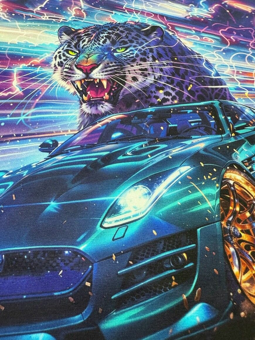 Ткань Кулирка с диджитальным принтом Леопард на машине 60х65 / передняя полочка