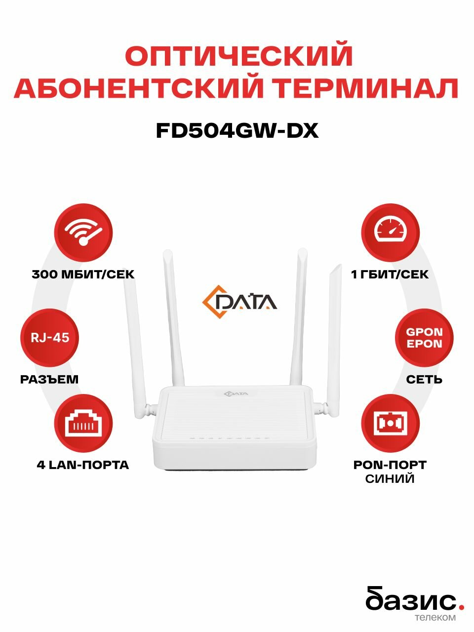 Оптический абонентский терминал C-Data FD504GW-DX (Порт: SC/UPC (синий)), Wi-Fi (2,4 ГГц, 5 ГГц)