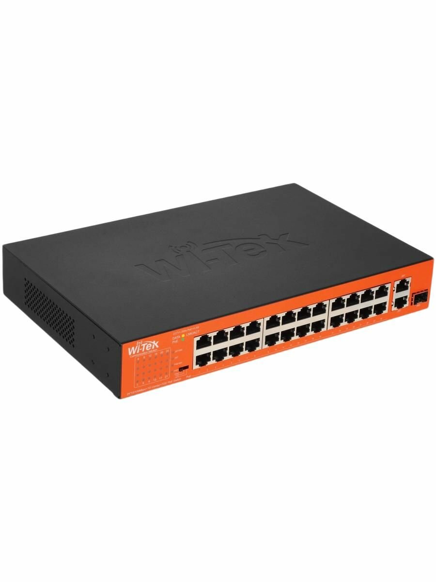 Коммутатор Wi-Tek WI-PS526GH, неуправляемый PoE 200Вт, порты 24 PoE FE + 1GE + 1Combo