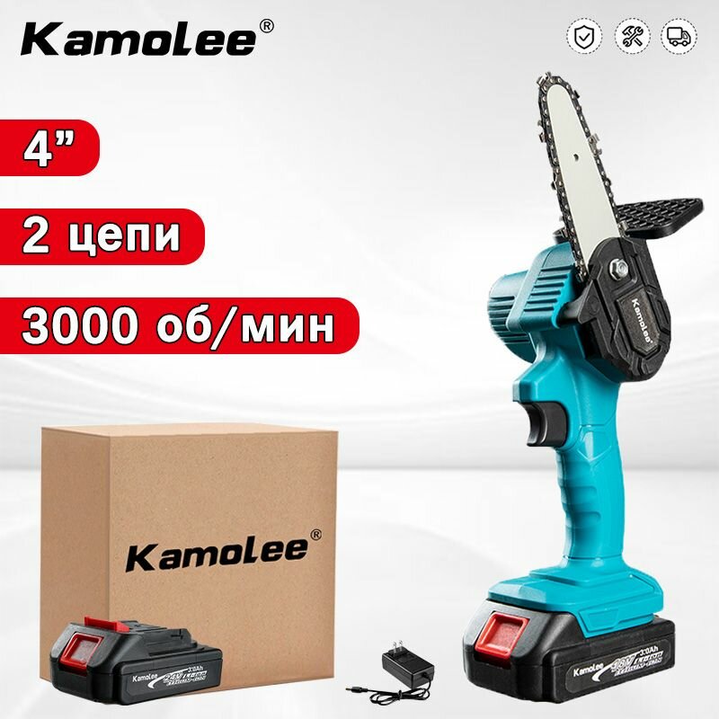 Портативная бензопилаа Kamolee 4 Дюймов 3000об/мин (Цепь * 2, Батарея 3.0Ач * 1) -lj