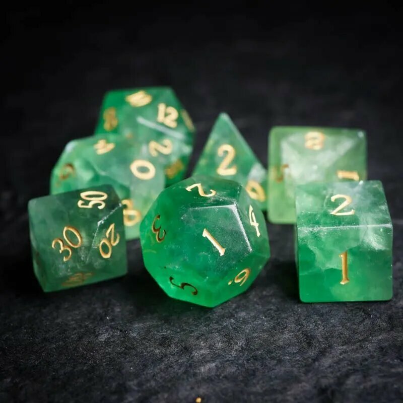 Baldur's Gate 3, DnD кости - игральные кости "Подземелья и драконы" из натурального драгоценного камня, 7 штук, зелёный флюорит, Натуральный камень,1332182382