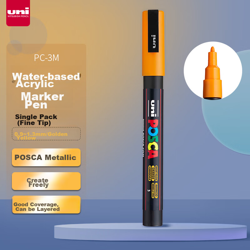 Mitsubishi (Uni) POSCA Series Fine Line Markers, Colorful Poster Advertising Marker Pens, Office Drawing And Graffiti Pens, PC-3M, Gold Yellow, Single Pen