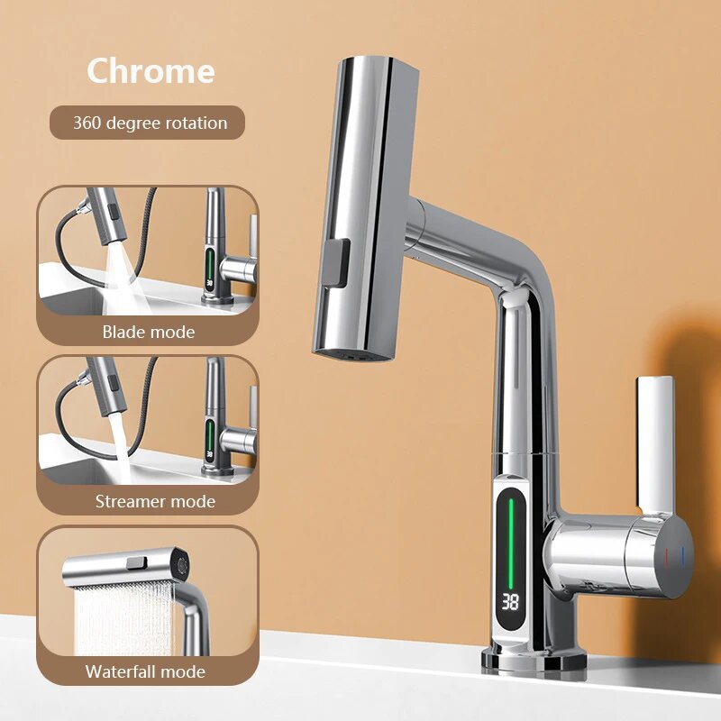 Пистолет Серый Водопад Выдвижной кухонный смеситель Интеллектуальный цифровой дисплей Смесители для холодной и горячей воды Вращающийся смеситель для раковины Подъемный смеситель для раковины, Chrome