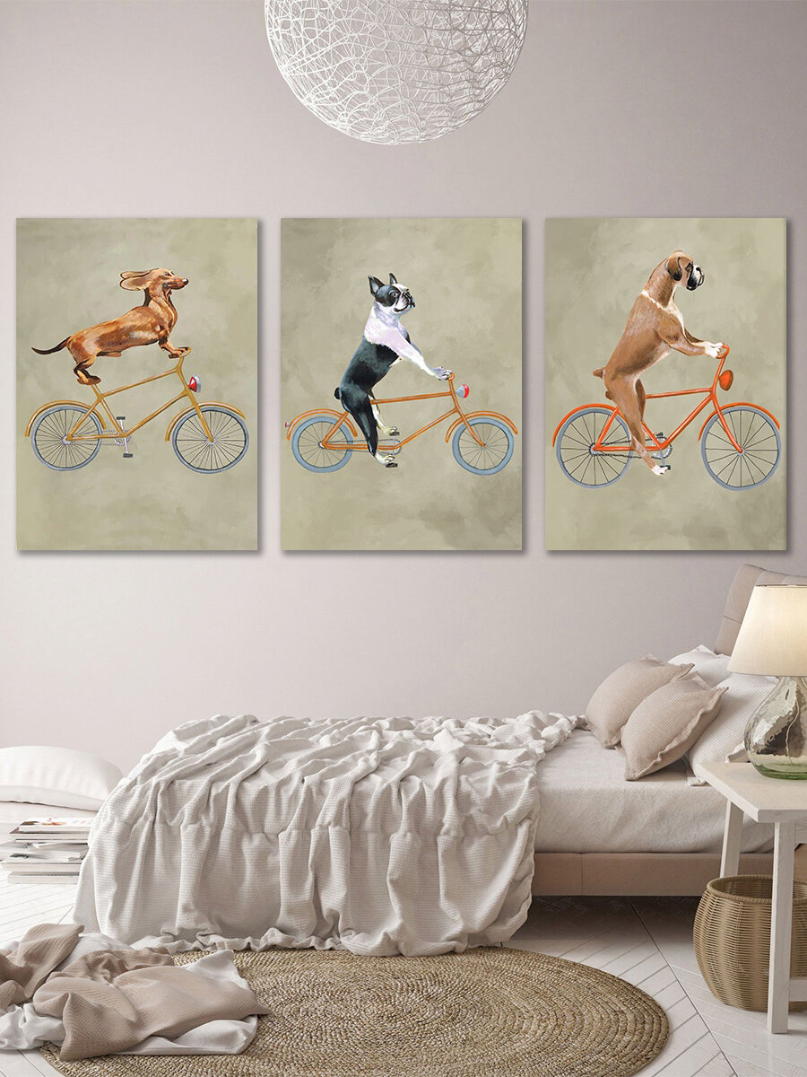 Картина модульная на стену / композиция из 3-х картин, "Собаки на велоспедах", 70х150 см.