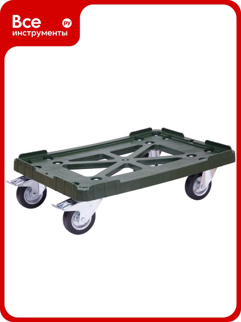 Тележка Тара. ру п/э, 600x400 мм, чёрные резиновые колеса, два с тормозом, Россия, цв. зелёный 16769, резиновый, зеленый