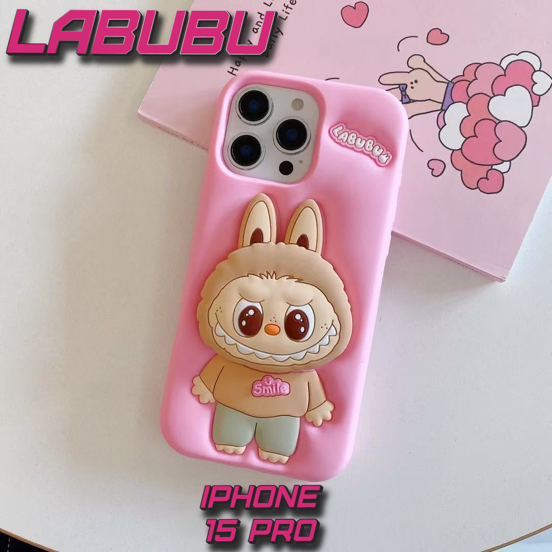 Силиконовый чехол Labubu для iPhone 15 Pro защитный, (Popsocket), розовый