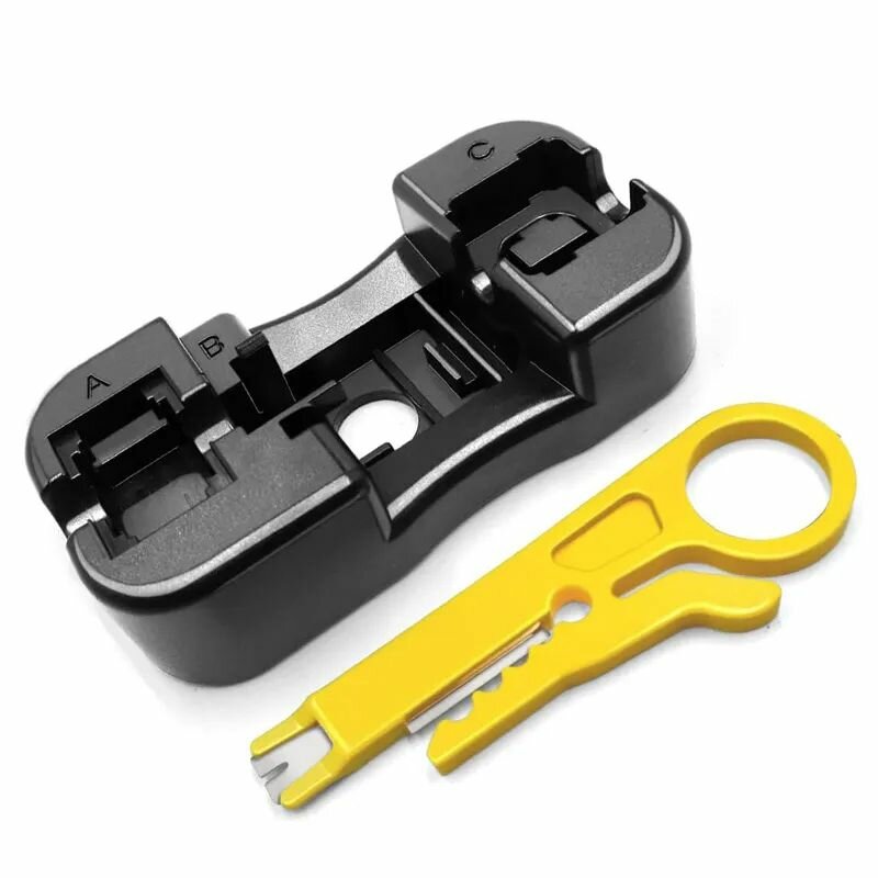 Стенд для установки разъема Keystone и небольшой пластиковый инструмент для установки разъема с инструментом для зачистки проводов, держателем модуля, сетевым инструментом