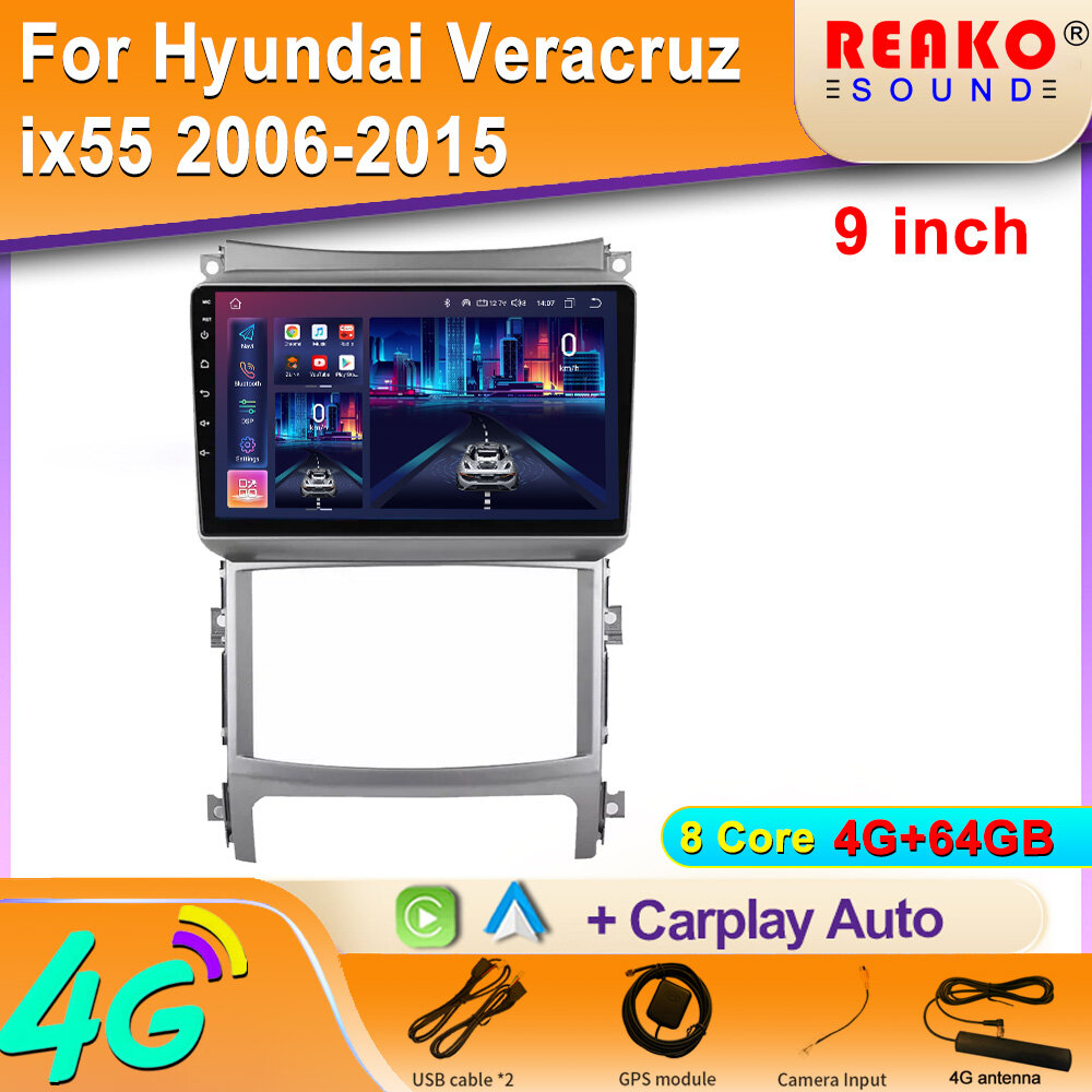 Магнитола для Hyundai Veracruz ix55 2006-2015 , с камерой заднего вида. IPS экран 9 дюймов, Wifi 2din с сенсорным экраном, usb и блютузом.