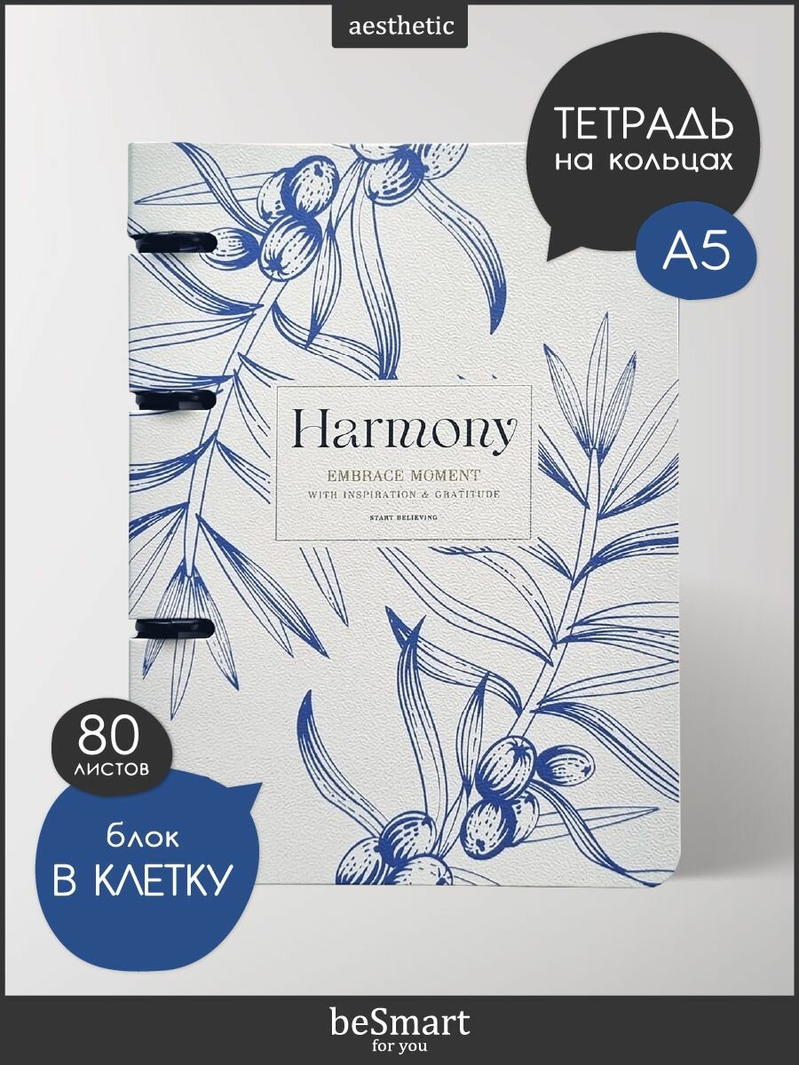 Блочная тетрадь на кольцах beSmart "Harmony", А5 на 80 листов в клетку