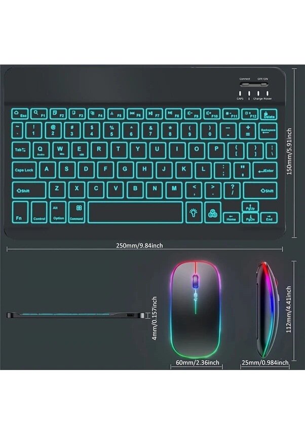 Черная ультратонкая беспроводная клавиатура и мышь с RGB-подсветкой, совместимые с iPad, iPhone, планшетами, телефонами, Android и Windows Portable
