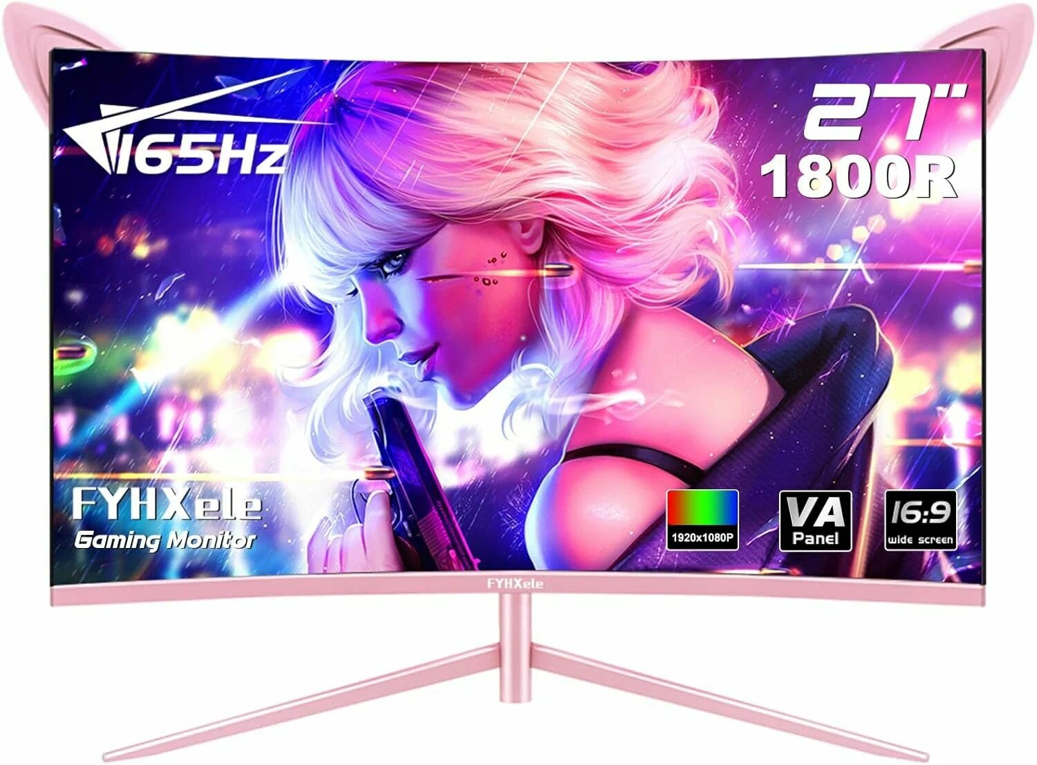 27-дюймовый монитор QHD 1440P 165Hz 1800R игровой монитор 1ms Реакция HDMI / DP Розовый с кошачьими ушками