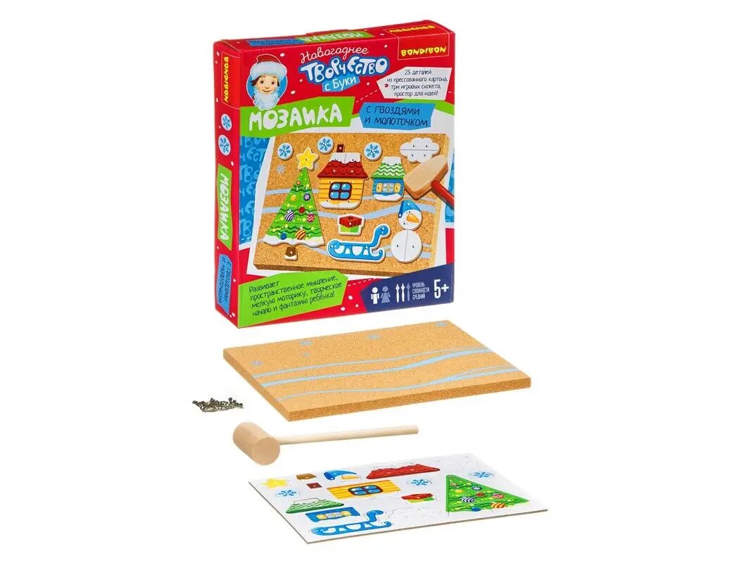 Набор для творчества новогодний "Мозаика с гвоздями и молоточком", 26 деталей, Bondibon