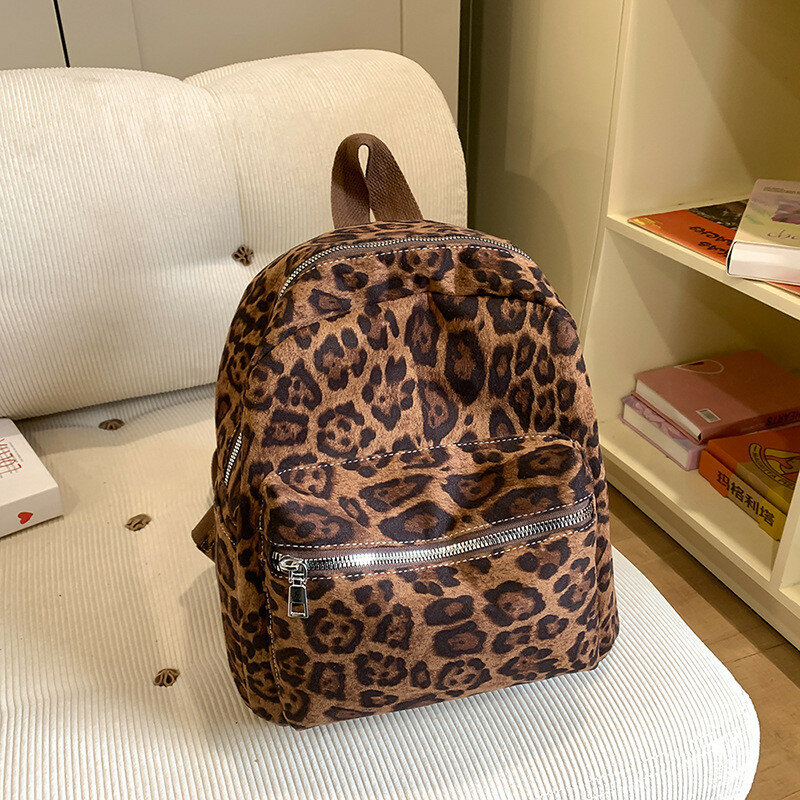 Plush leopard print kitty backpack with multifunctional storage for students and leisure activities
