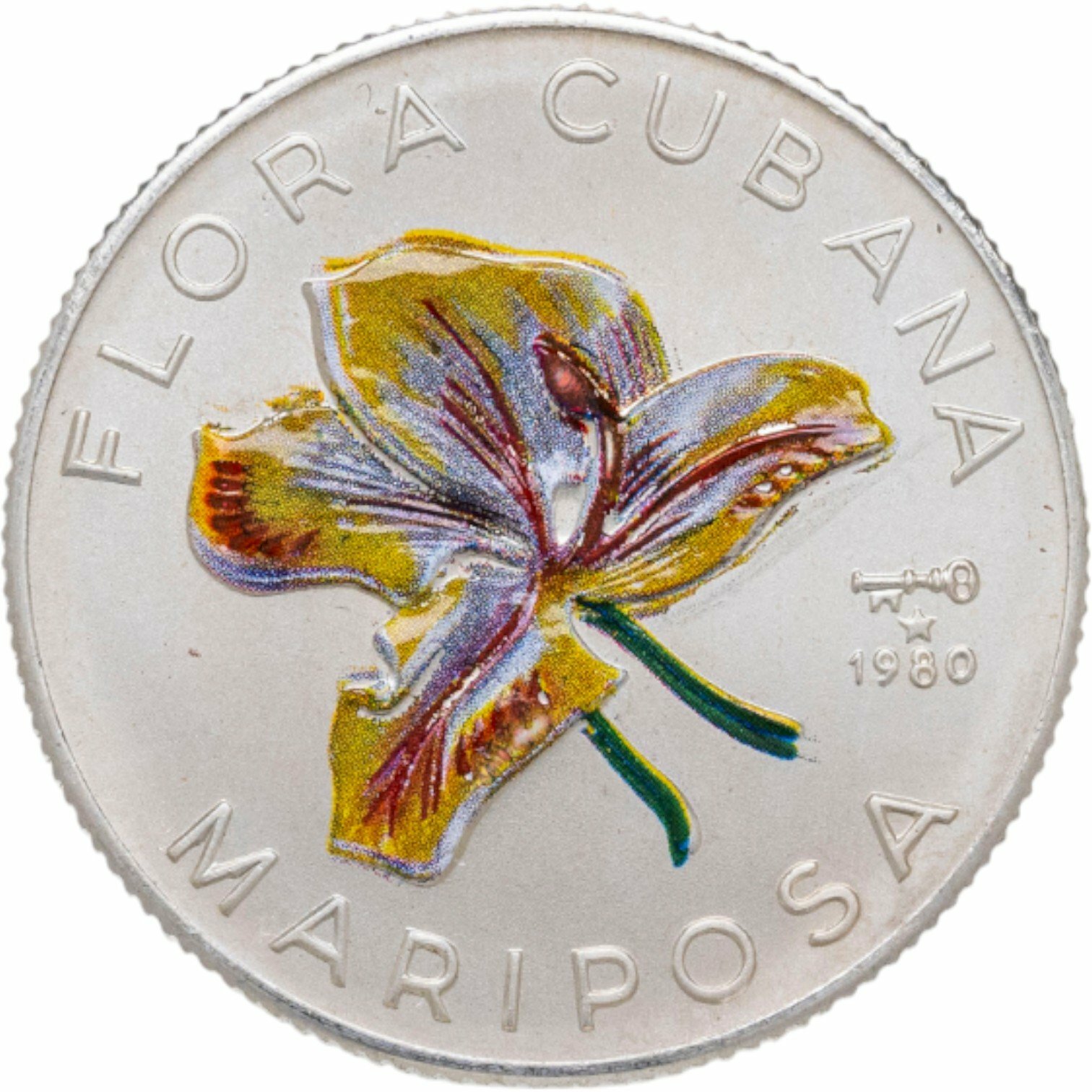 Куба 5 песо pesos 1980 Флора Кубы - Калохортус Calochortus, Mariposa, Серебро 999, в сохранности BUNC