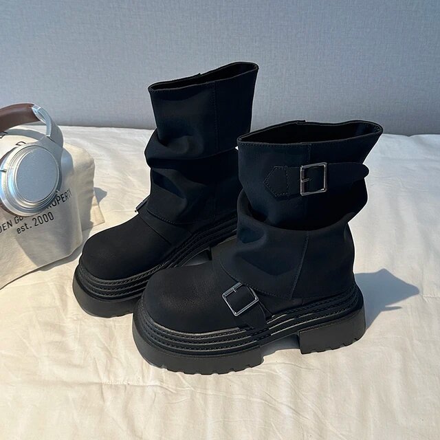 Винтажные женские мотоциклетные ботинки с толстой подошвой, модные, с пряжкой на ремне, осенне-зимние, женские, без застежек, до середины голени