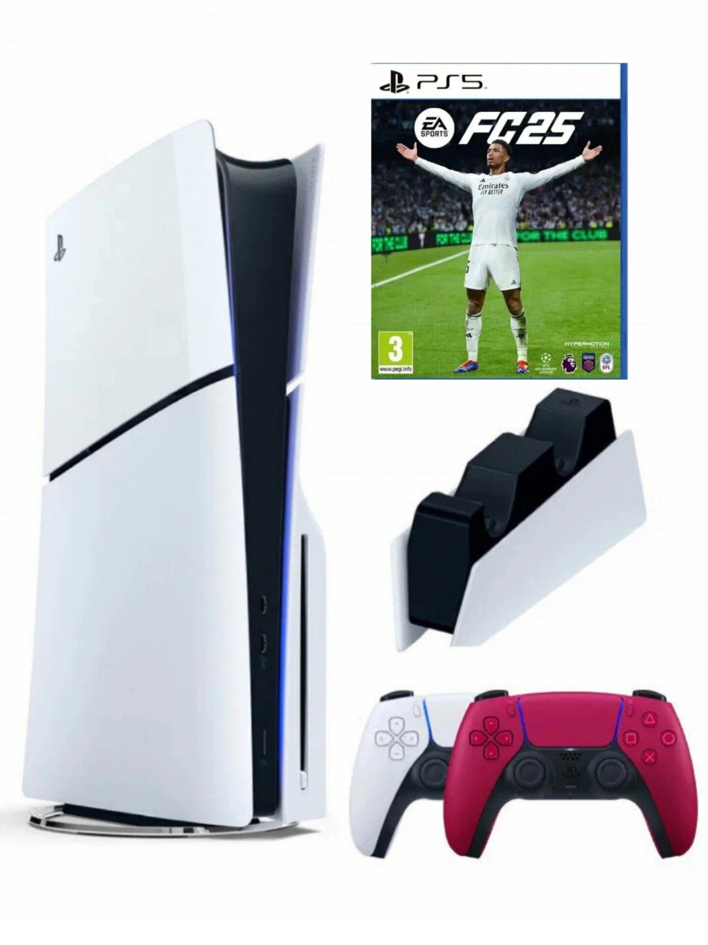 Игровая приставка Sony PlayStation 5 Slim, с дисководом 1000 ГБ SSD + 2-й геймпад красный+зарядная станция+игра Fifa 25