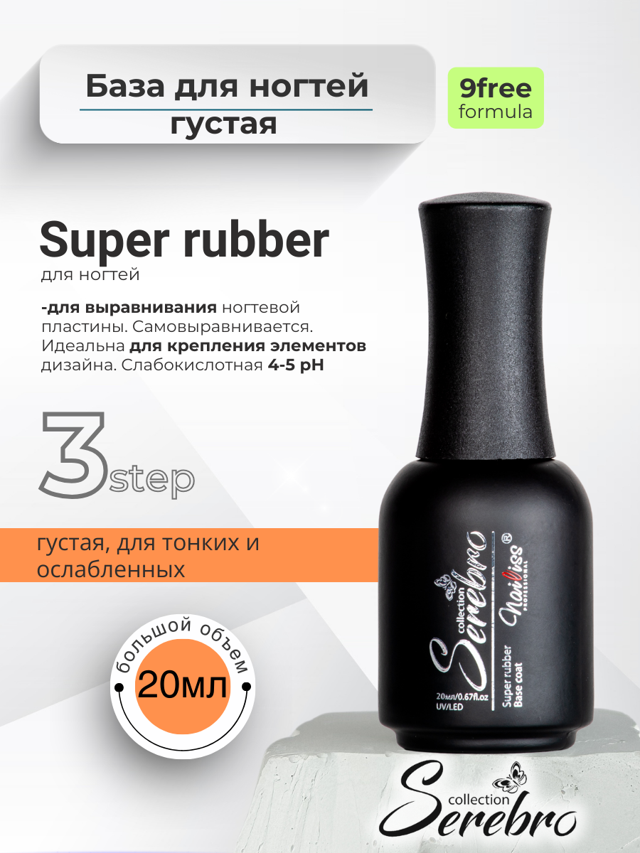 Каучуковая густая база Serebro для гель-лака "Super rubber base", 20 мл.