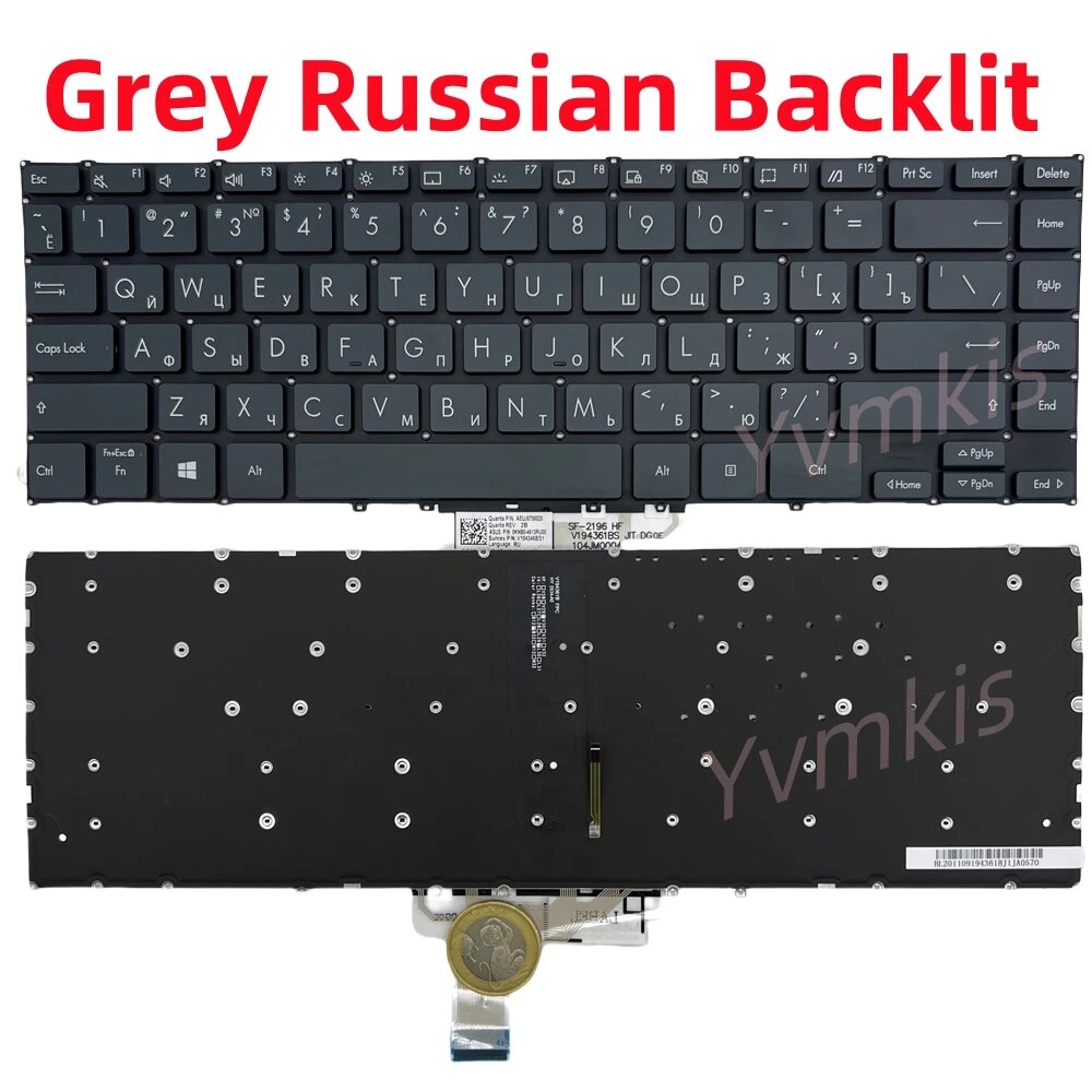 Клавиатура XIN-JIMY для Asus ZenBook Flip 13 с подсветкой серая/черная Синий, RU Gray Backlit