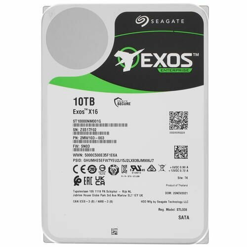 3.5" 10 ТБ Жесткий диск Seagate Exos X16 (ST10000NM001G) - SATA III, 6 Гбит/с, 7200 об/мин, кэш память - 256 МБ, RAID Edition