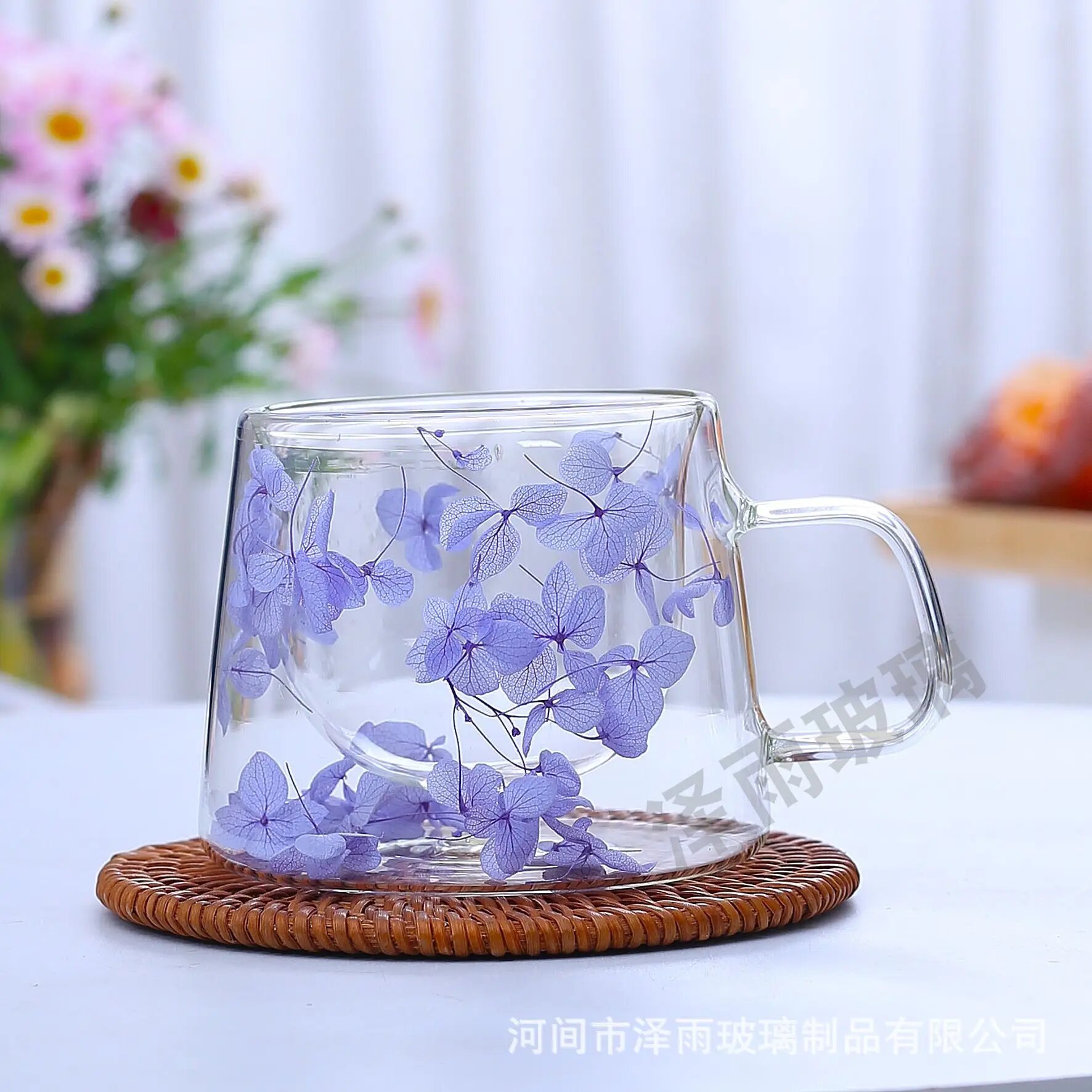 Прозрачный двухслойный стакан с цветком, Красный, 200ml