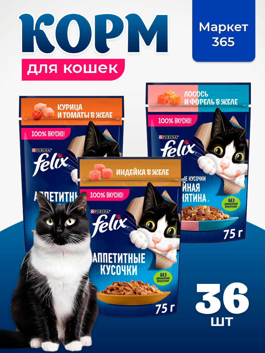 Корм для кошек влажный, Felix желе, Набор: лосось и форель, индейка, курица и томаты. 36 шт x 75 г