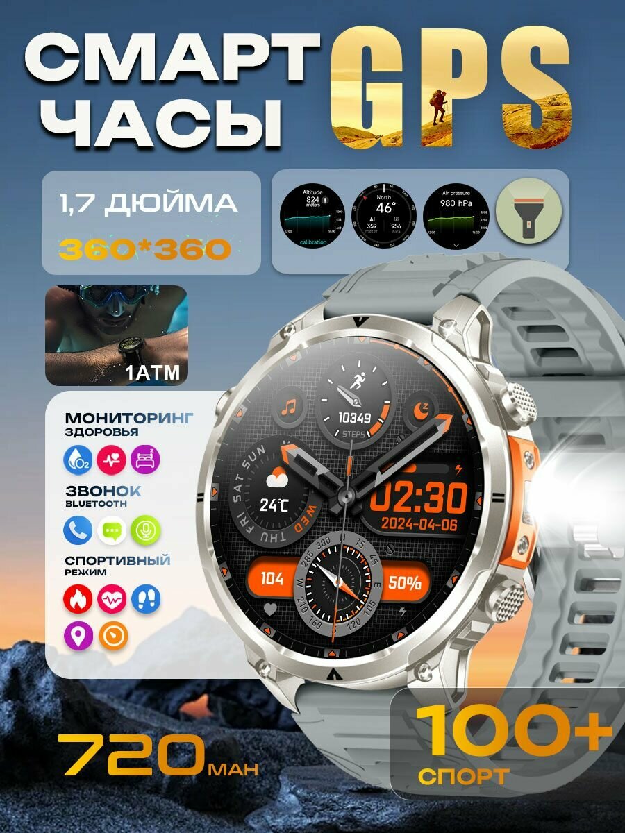 Cмарт часы мужские водонепроницаемые противоударные(MIL-STD-810G), GPS-трекерm, Мониторинг здоровья, Кровяное давление, Спортивные режимы (150+), Металлический корпус