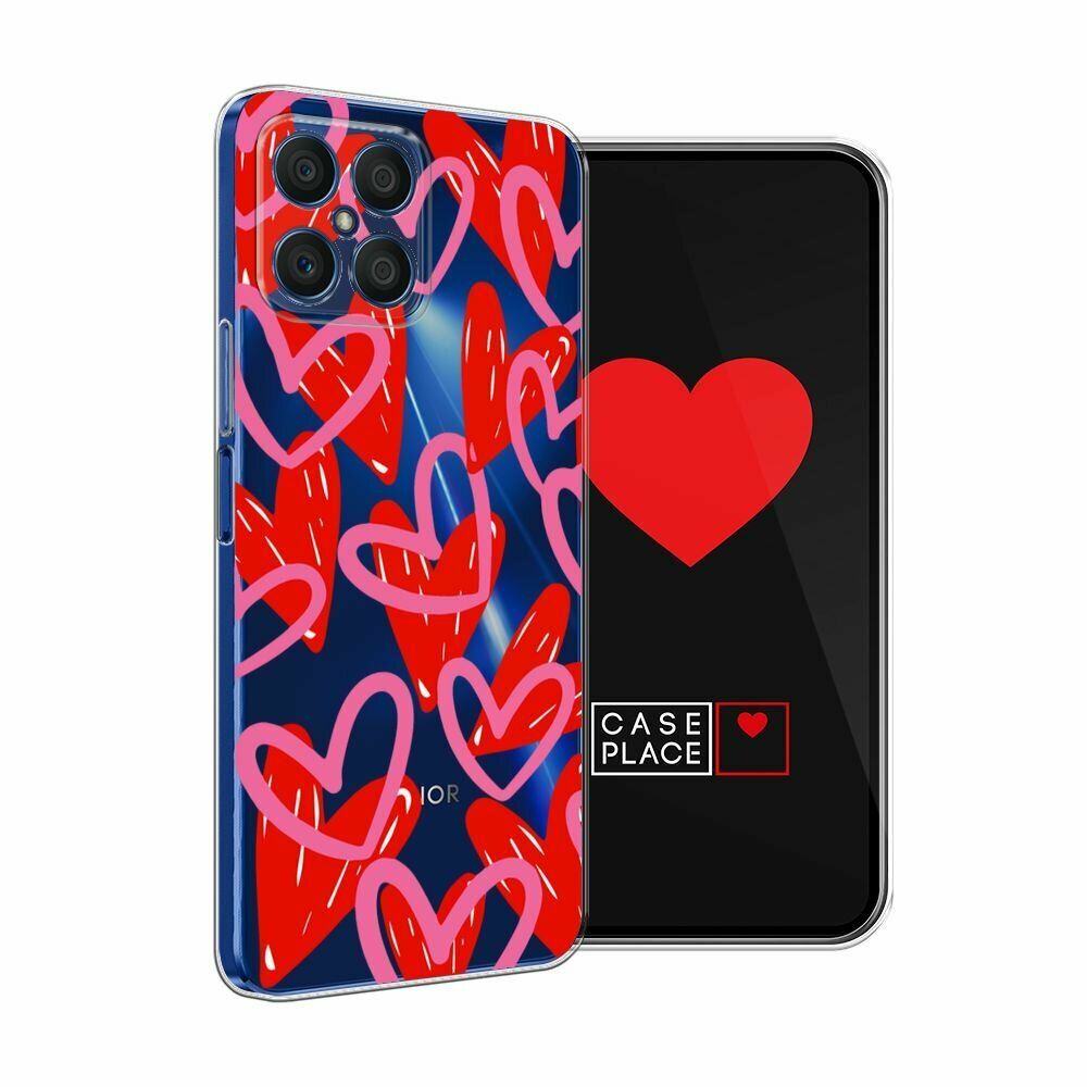 Чехол на Honor X8 / Хуавей X8 с принтом "Hearts doodles - 14 февраля", прозрачный — фото 1