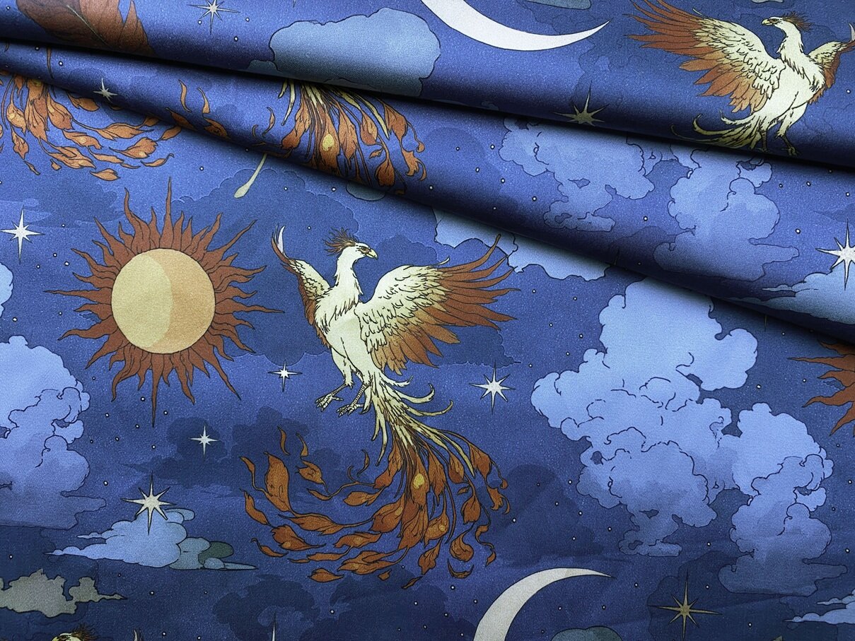 Ткань Хлопок синего цвета с принтом Жар-птица 14410