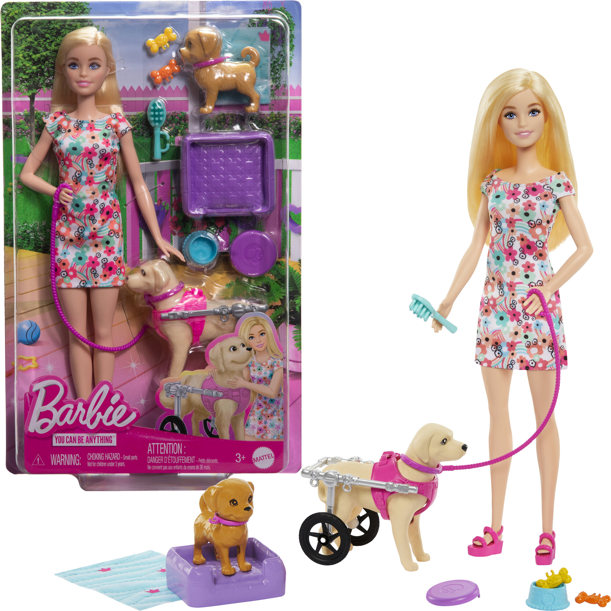 Кукла Барби с игрушечным щенком и собакой в инвалидной коляске, а также аксессуары для домашних животных