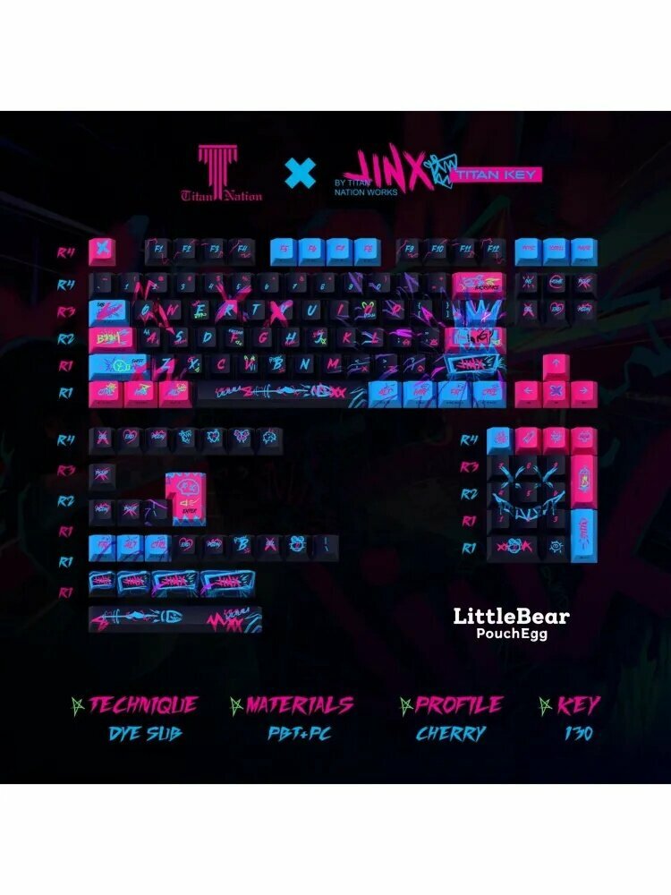 Кейкапы для клавиатуры Jinx - Cherry-профиль (боковая лазерная гравировка со светопропусканием) 130 шт, League of Legends