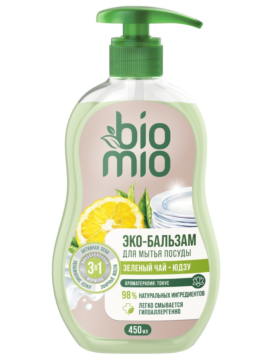 Эко-бальзам для мытья посуды BioMio с экстрактом хлопка и ионами серебра Зеленый чай и юдзу 450мл концентрат