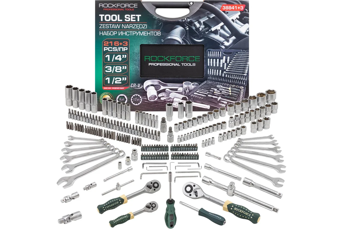 Набор инструментов ROCKFORCE, 216 + 3 предмета, 1/2", 1/4", 3/8"