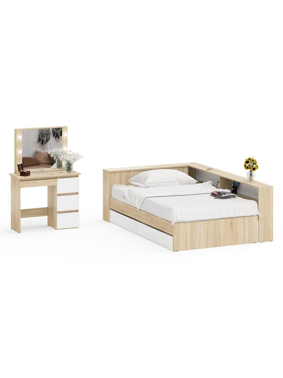 Кровать с прикроватным блоком с ящиками Ксения 1200 и столик с подсветкой Сура, дуб сонома/белый, сп. м. 1200х2000 мм.
