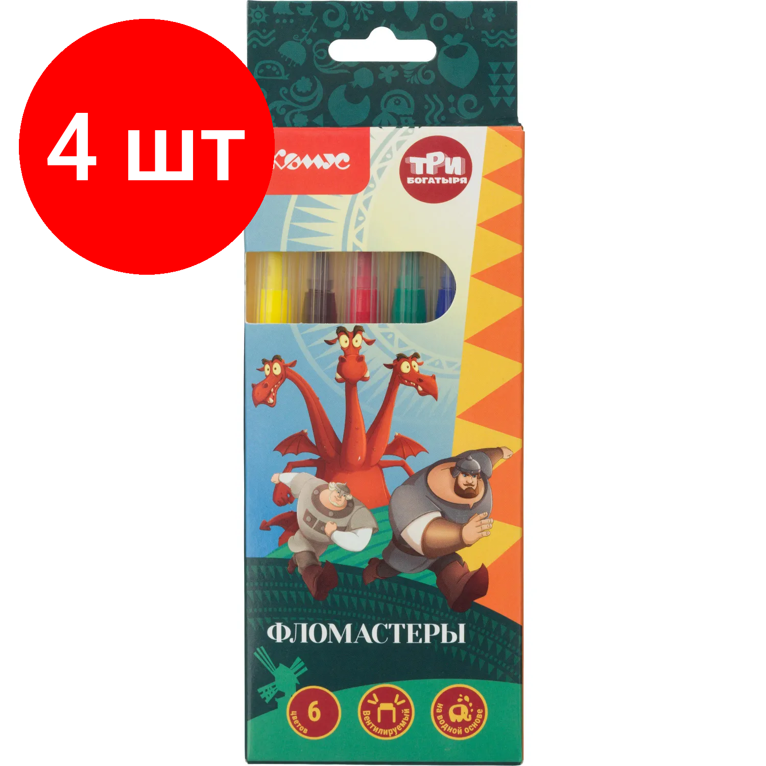 Комплект 4 упаковок, Фломастеры Три Богатыря набор 6 цветов