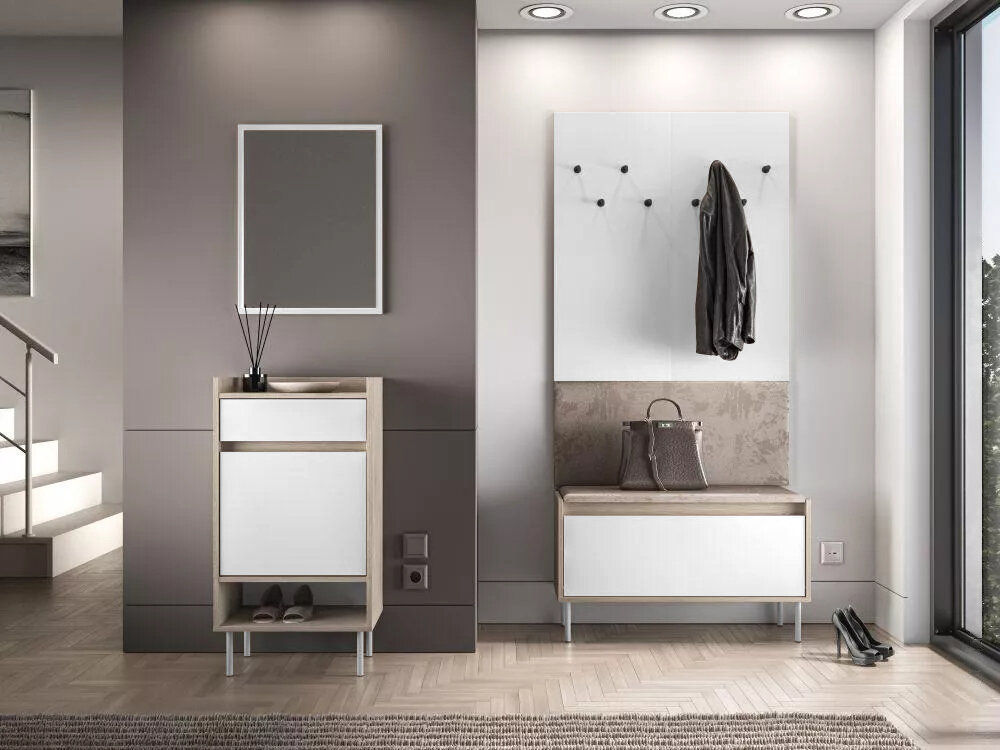 Прихожая Джени 05 Белый Снег 8685 BS Дуб Сонома Светлый 3025 PR NEW 140x34x198 см, GOODFORM