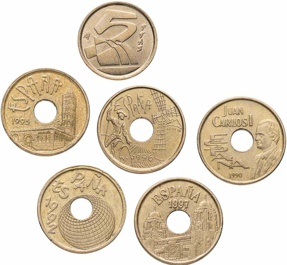 Испания набор монет 5 и 25 песет 1990-1999 6 штук, Латунь, в сохранности VF-XF