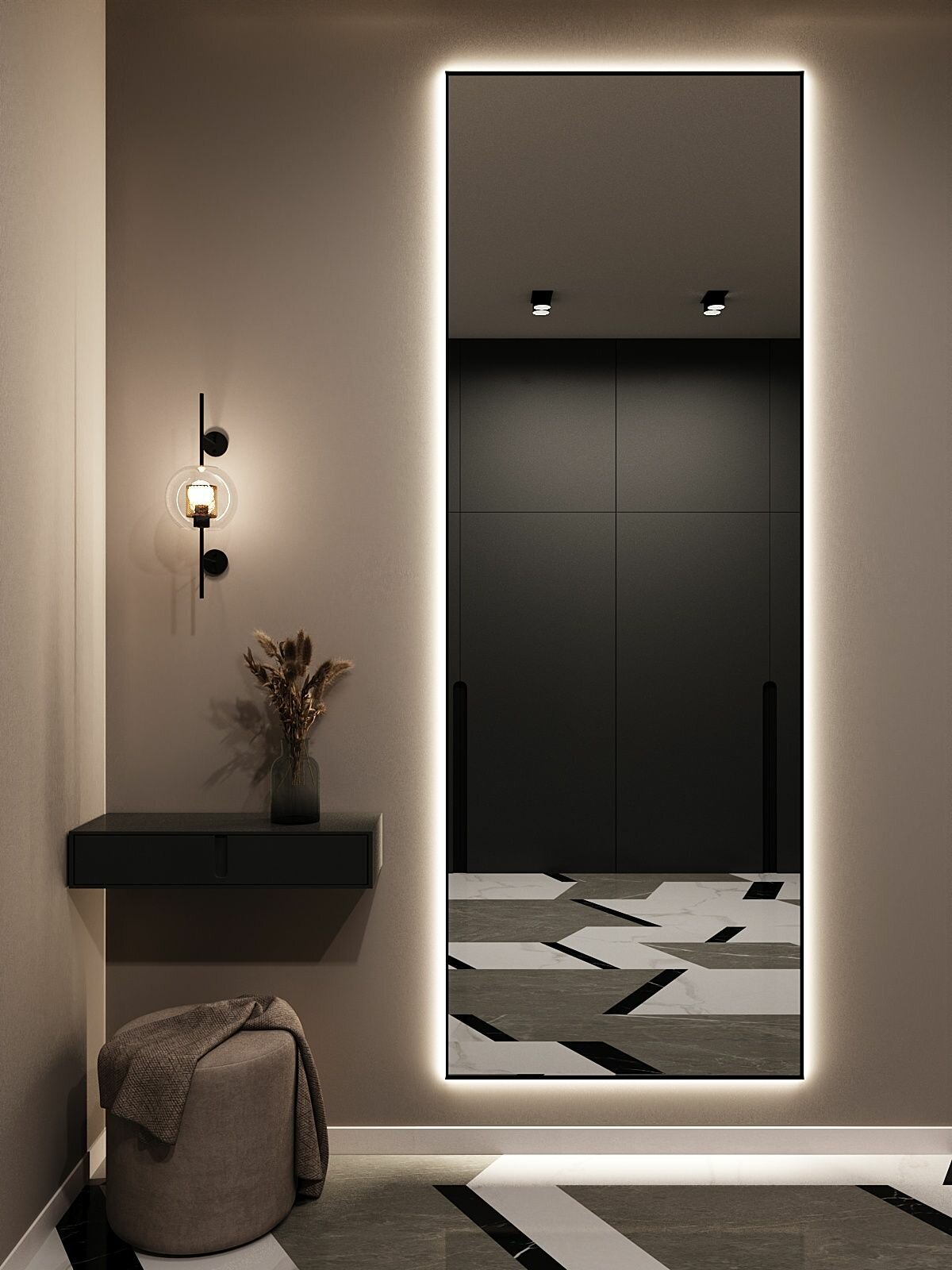 Зеркало настенное 240х90 см черное с подсветкой Свет: Нейтральный белый 4500К В алюминиевой раме интерьерное BLX MIRROR