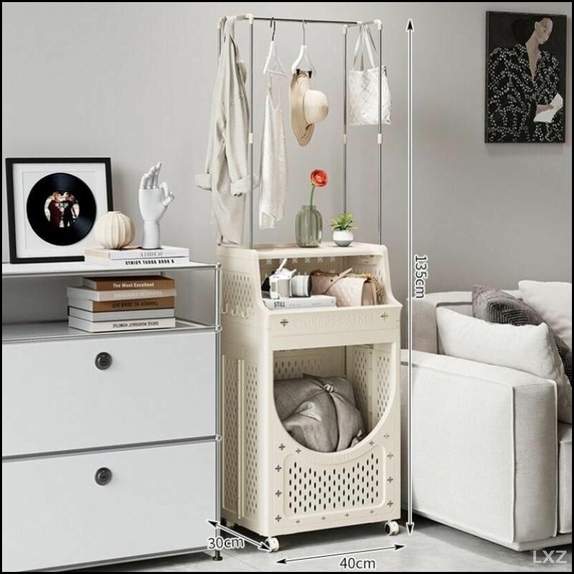 Этажерка, премиум-модель, на колесах, вешалка до потолка, кремовая