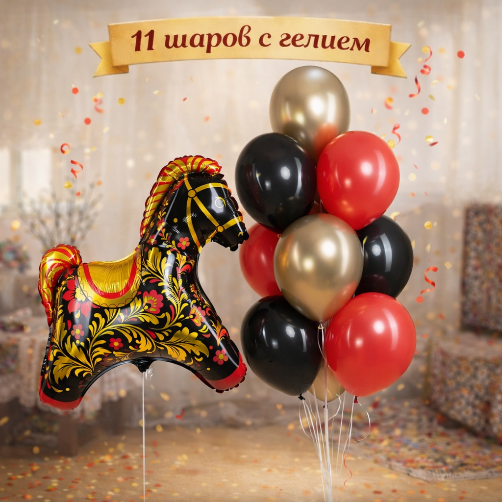 Фольгированные воздушные шары с гелием надутые в фонтан из латексных шариков в русской эстетике с росписью золотом, гжель и хохлома в русском стиле "Лошадка", 11 шт