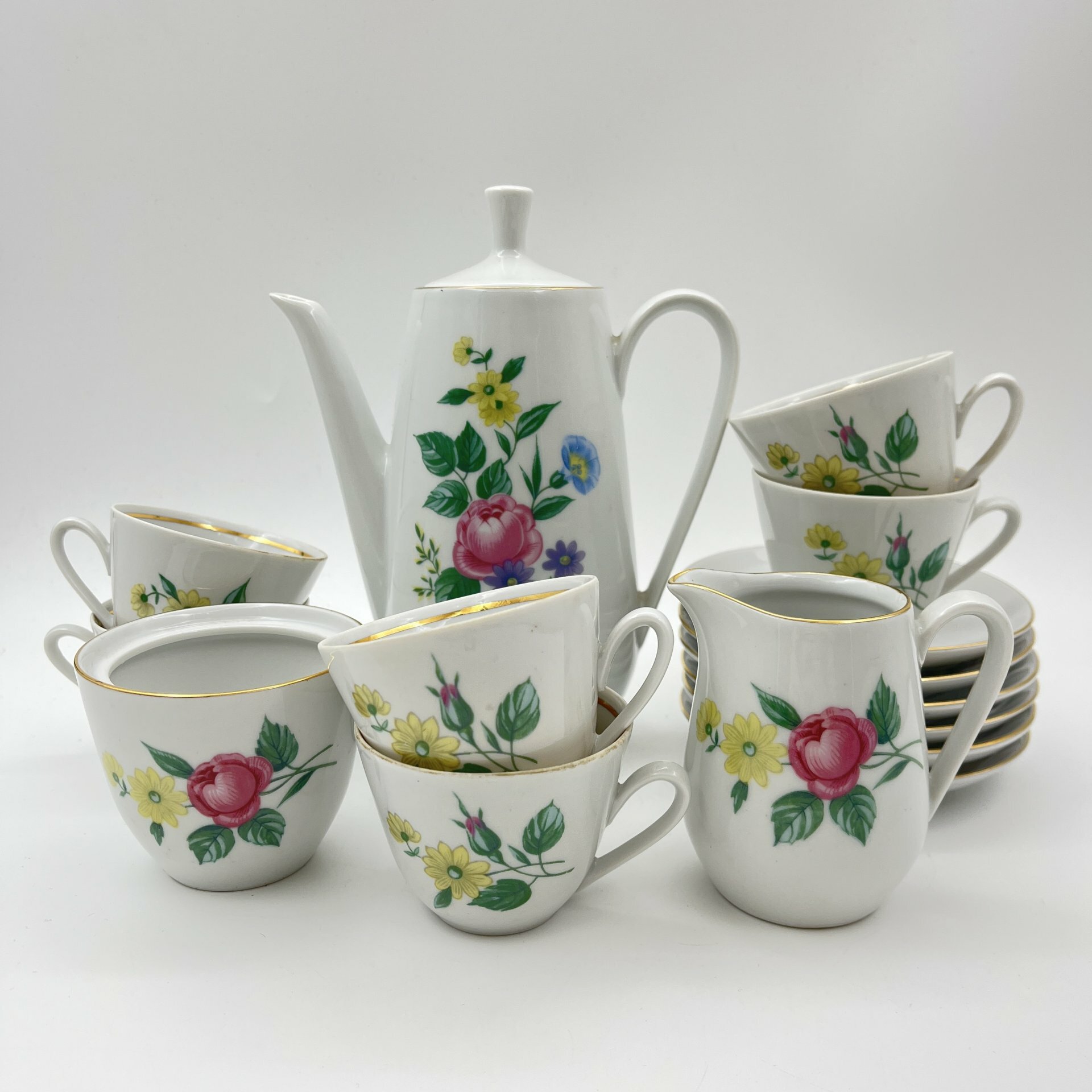 Сервиз кофейный с цветочным декором на 6 персон (15 предметов), фарфор, деколь
