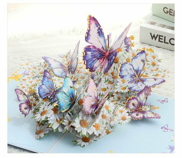 Открытка 3D букет цветов с бабочками голубая