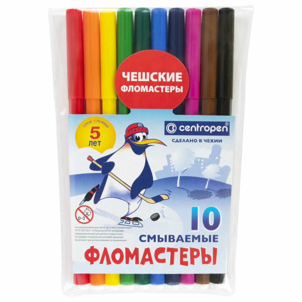 Фломастеры 10 цветов CENTROPEN "Пингвины", смываемые, вентилируемый колпачок, 7790/10ET, 7 7790 1086, 150055