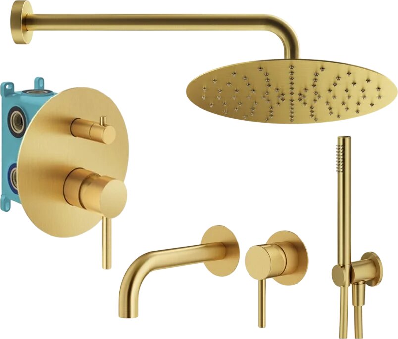 Комплект для ванной Plumberia Selection Ixo KITXO18OB210 4 в 1, встраиваемый, с внутренней частью в комплекте, со смесителем, с тропическим душем, латунный, золотой, душевая система