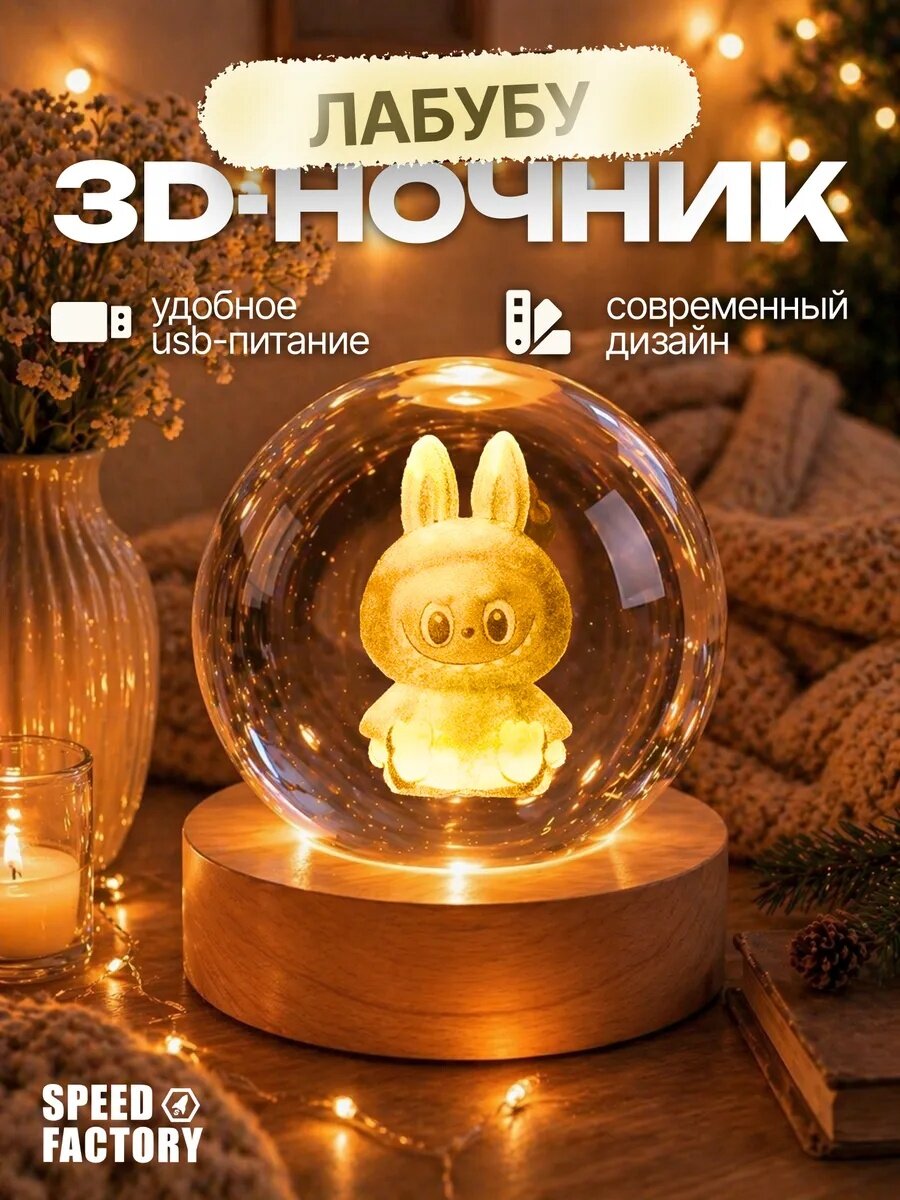 Ночник лабубу 3D стеклянный шар в подарок, светильник настольный, ночник в розетку