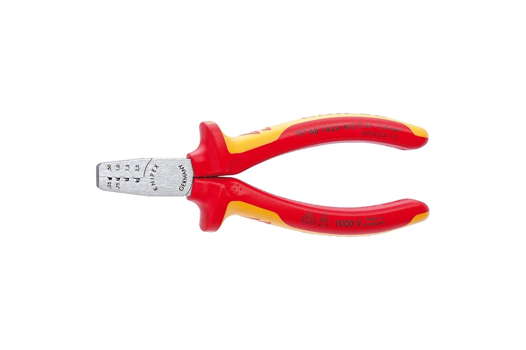 Пресс-клещи VDE, 4 гнезда, контактные гильзы DIN 46228 1+4, 0.25-2.5 мм², 145 мм KNIPEX KN-9768145A