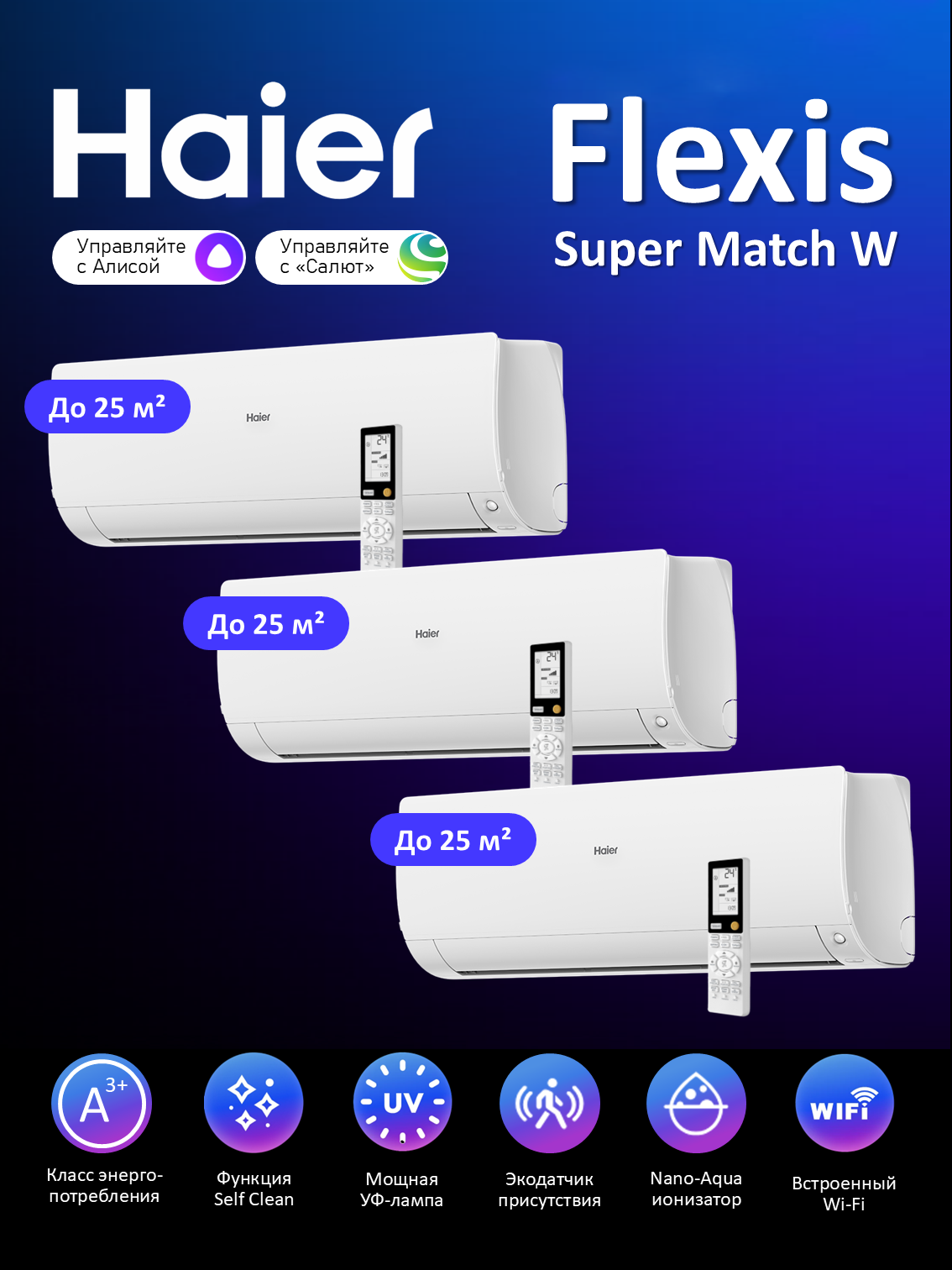Мульти сплит система Haier Flexis Super Match на 3 комнаты 25, 25 и 25 м2, 8 кВт, с Wi-Fi, А+++, белый кондиционер