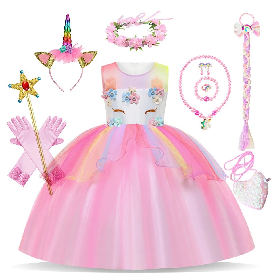Детское платье оllobebe радужное с единорогом 7-8Y Tag-140, Розовый, Unicorn Sets 01
