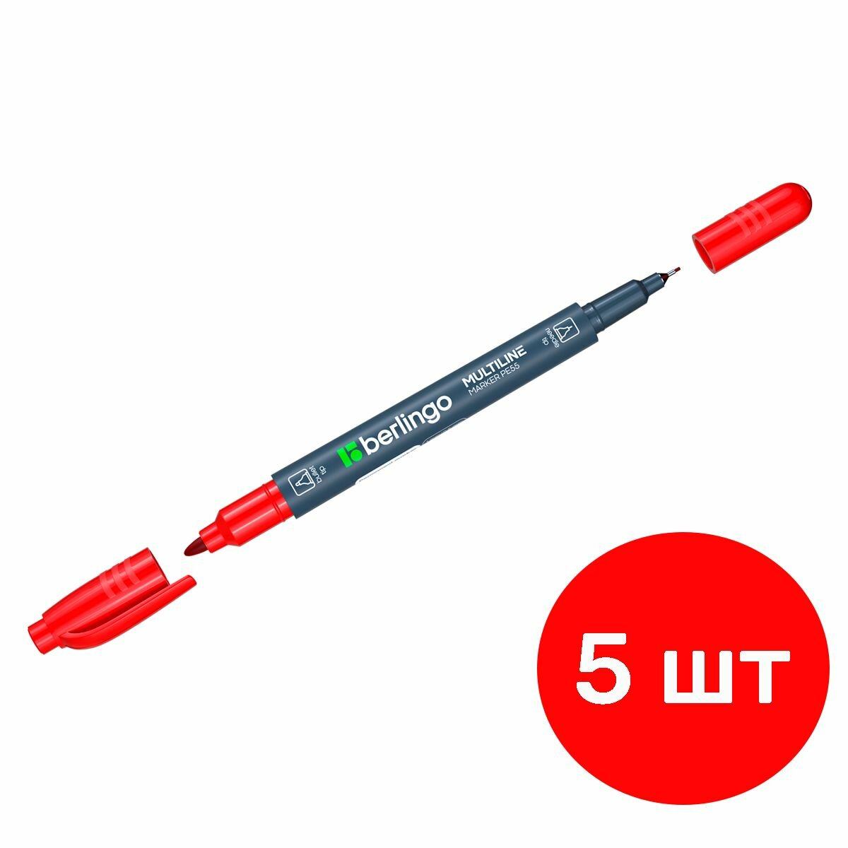 Маркер перманентный красный 5 штук, двухсторонний "Multiline PE55" пулевидный, 0,5/1мм